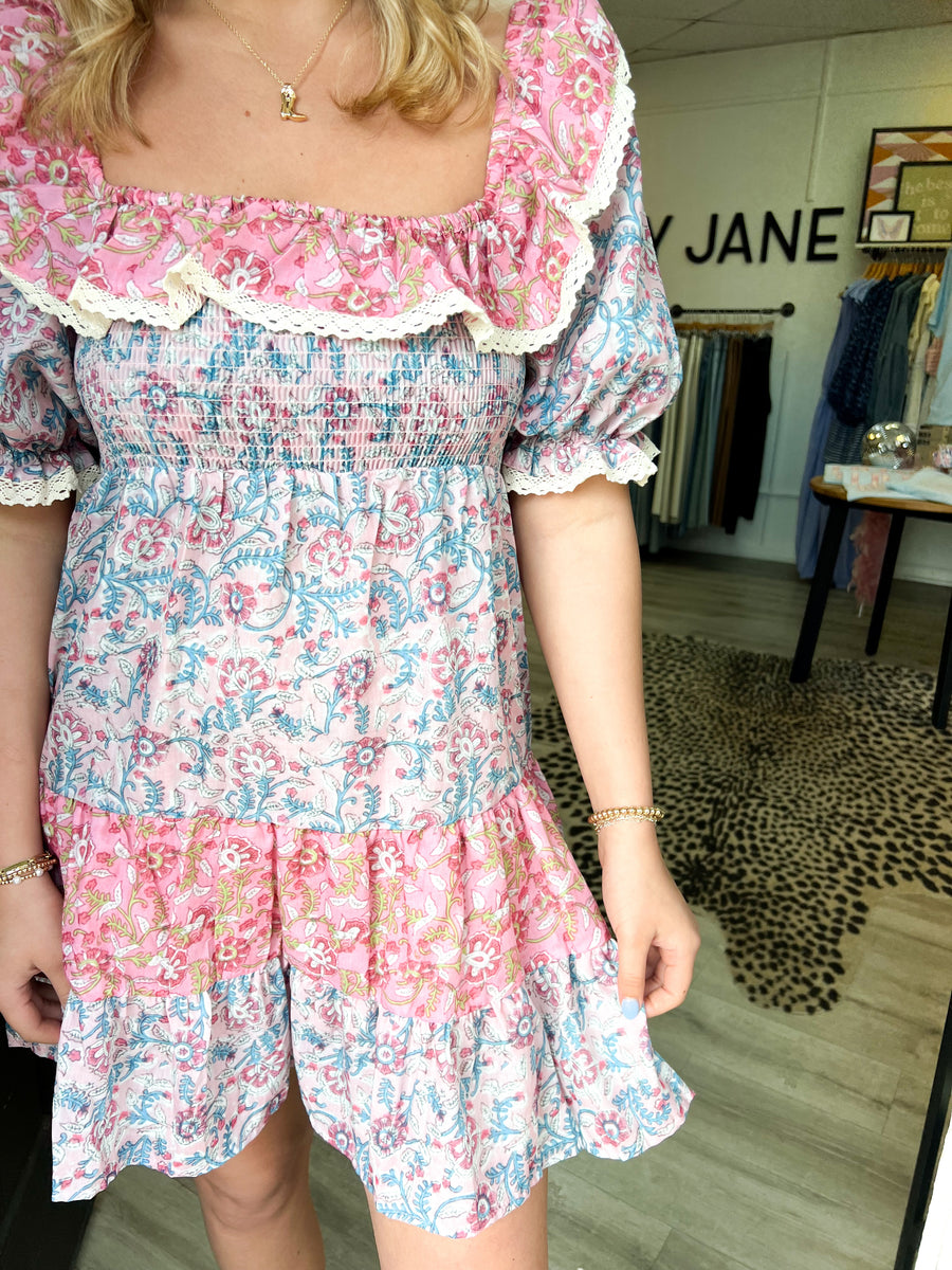 Madeleine Floral Lace Trim Mini Dress – Lilly Jane