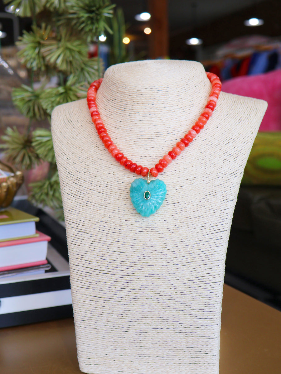 Rondelle Beaded Heart Pendant Necklace-Peach/Turquoise – Lilly Jane